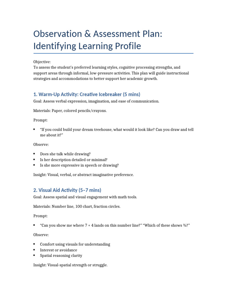 Observation Assessment Plan (1) | PDF | Learning Styles | Reading ...