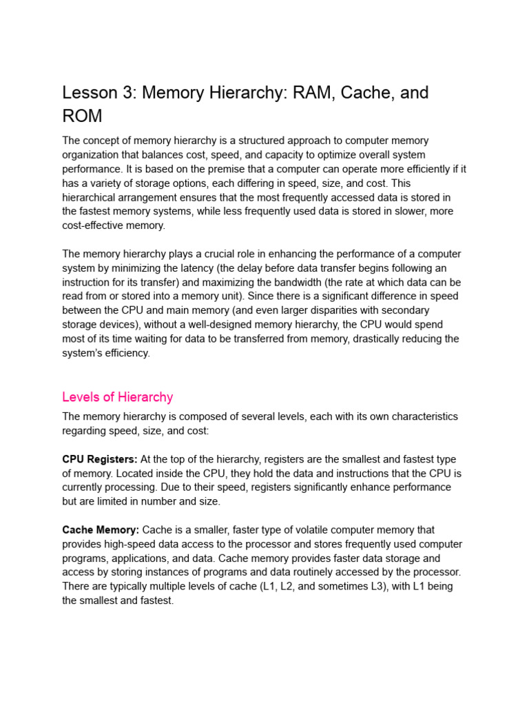 Lesson 3 Memory Hierarchy RAM Cache and ROM | PDF | Random Access Memory | Cpu Cache