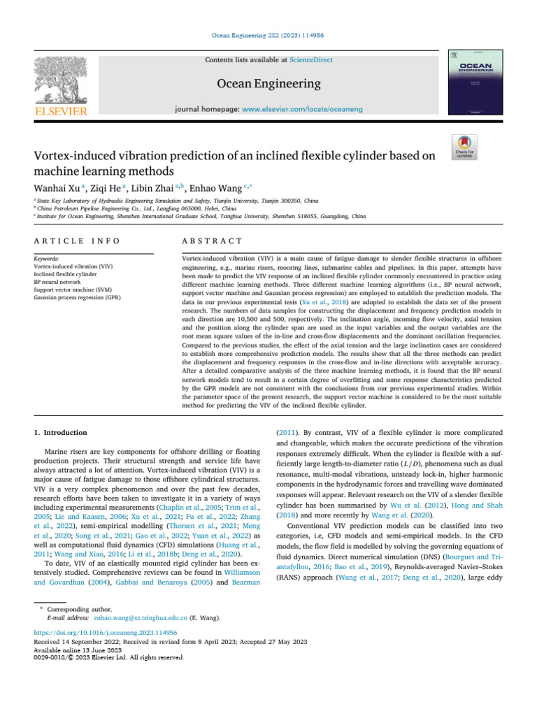 Vortex-Induced Vibration Prediction of an Inclined Flexible Cylinder Based on Machine Learning ...