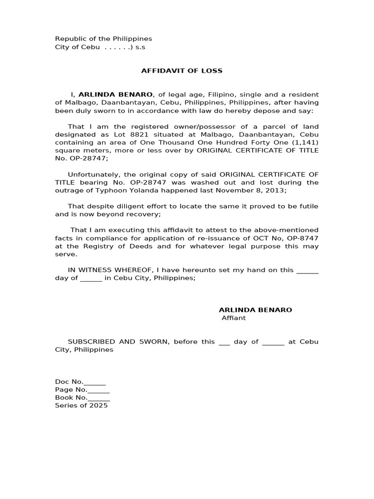 Affidavit of Loss for Land Title Cebu | PDF