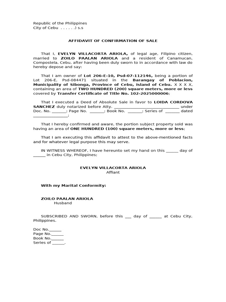 Affidavit of Confirmation of Sale - Ariola | PDF