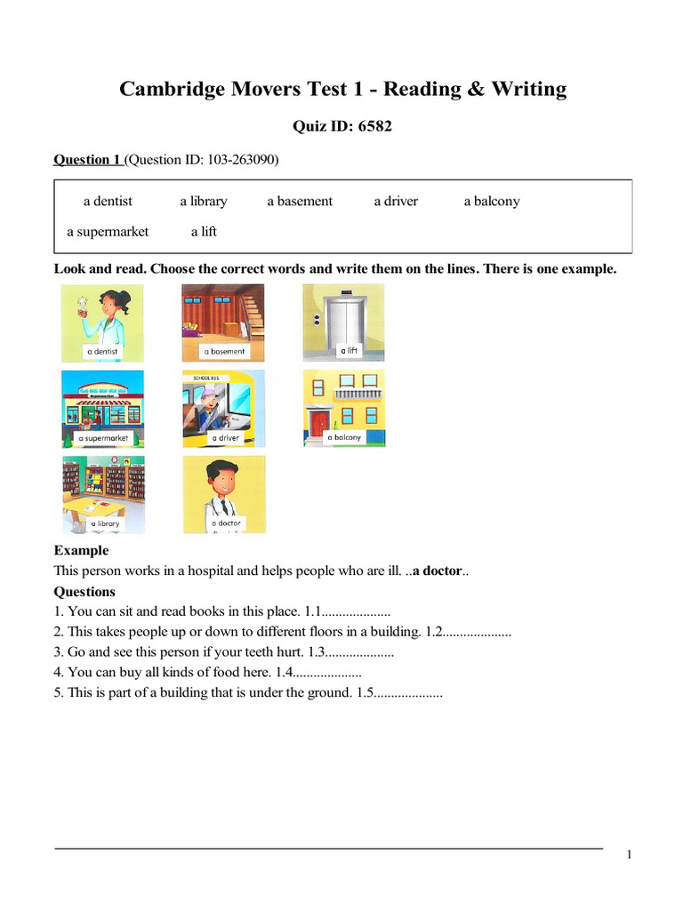 Cambridge Movers Test 1 - Reading & Writing: Quiz ID: 6582 | PDF