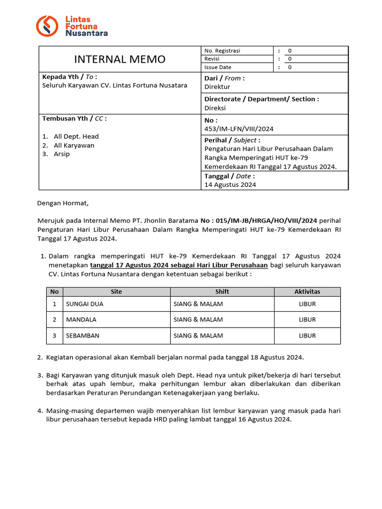 Internal Memo - Pengaturan Hari Libur Perusahaan Hut Ri Ke - 79. | PDF