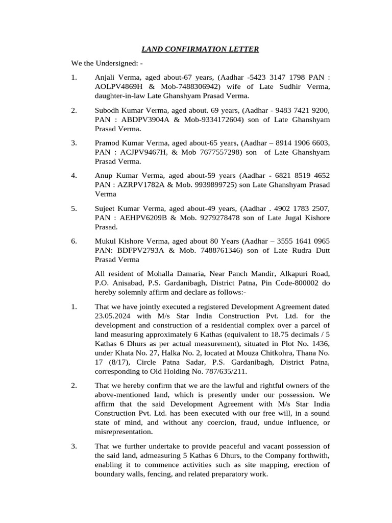 Land Confirmation Letter | PDF