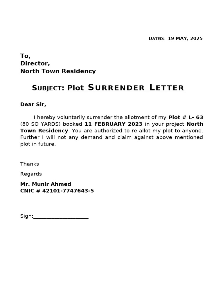 Plot Surrender Letter for North Town Residency | PDF