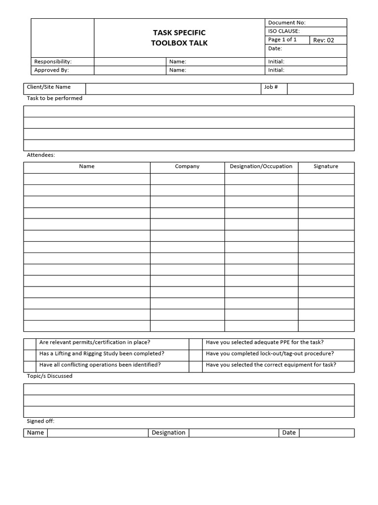 HSE-REG-004 - Task Specific Toolbox Talk Attendance Register (Rev 02) | PDF