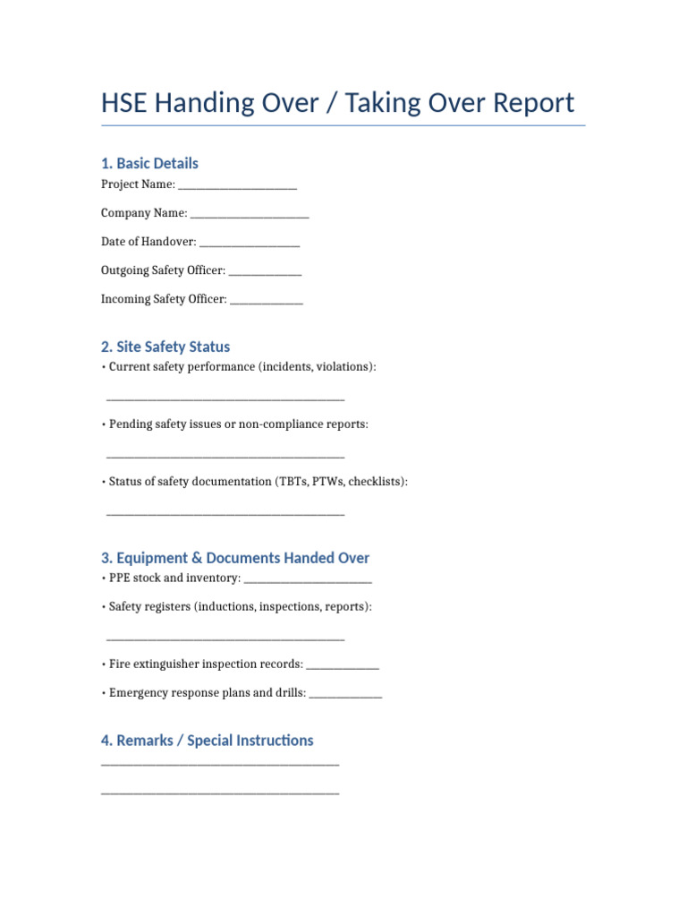 HSE Duty Handover Report Template | PDF