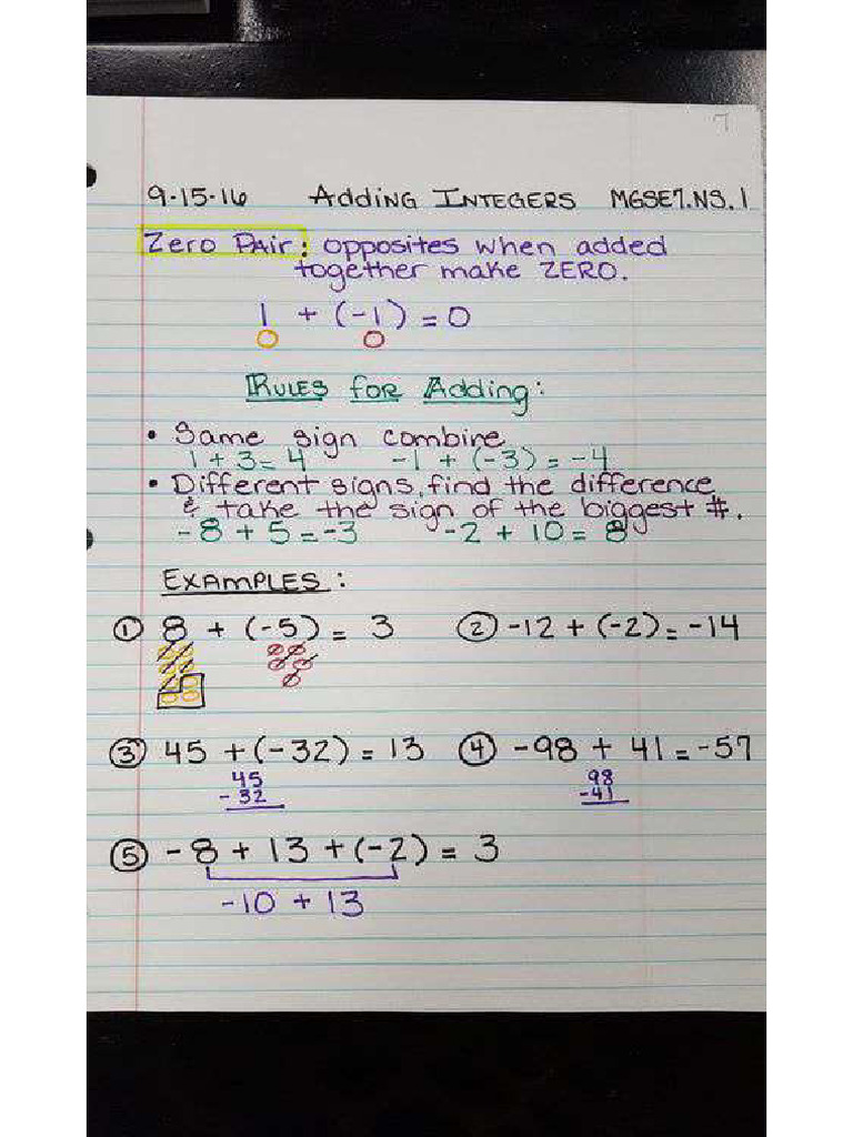 Adding Integers Notes - Orig | PDF