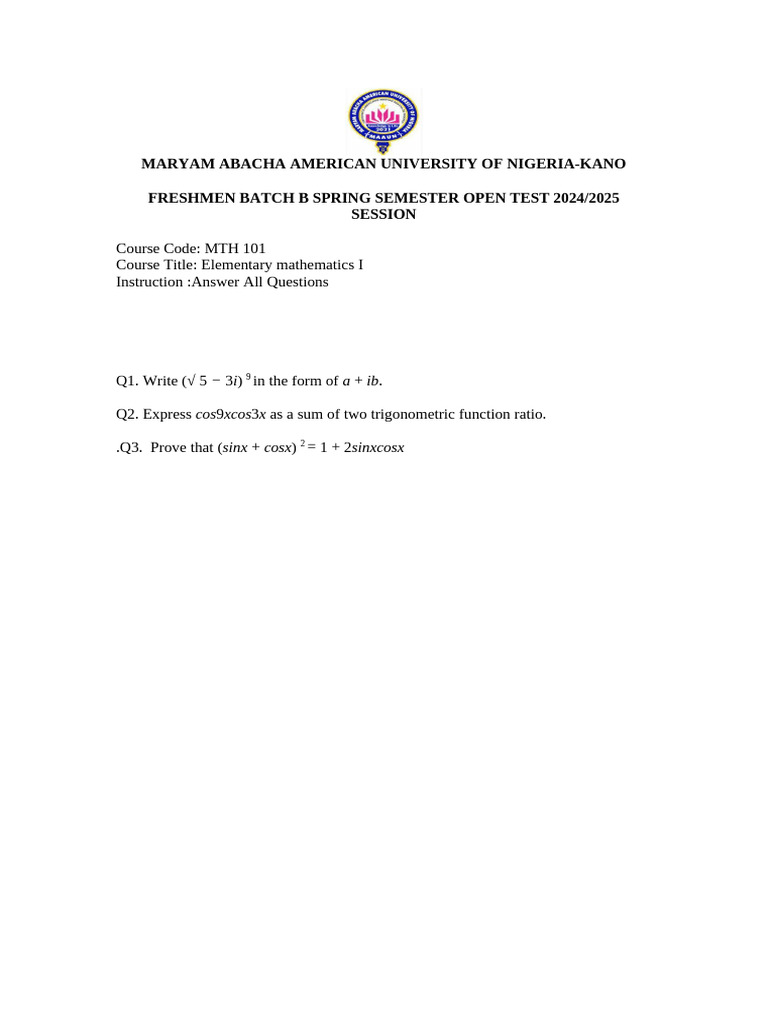 Mth 101-Elementary Mathematics i Batch b Open Test 2024-2025 Session | PDF