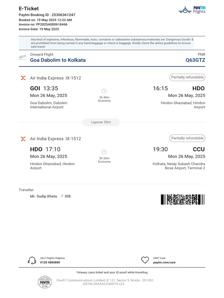 Air India Express IX-1512 Booking Details | PDF | Fee | Airport
