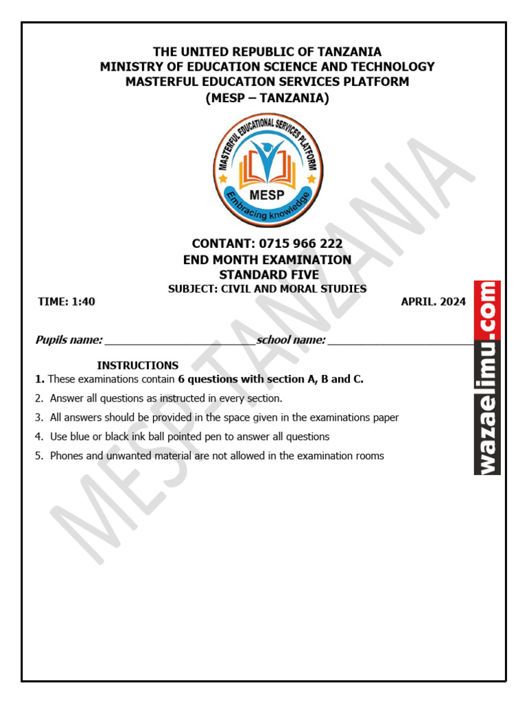 Mesp-Tanzania STD V April End Month Exam | PDF | Leaf