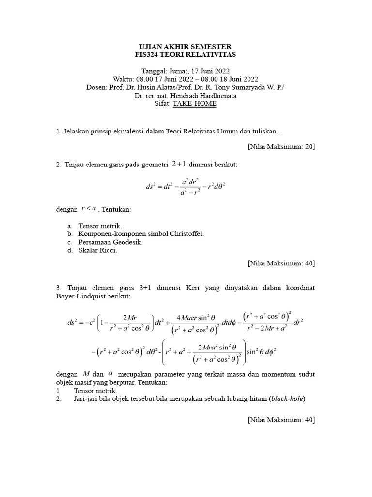 Ujian Teori Relativitas FIS324 2022 | PDF