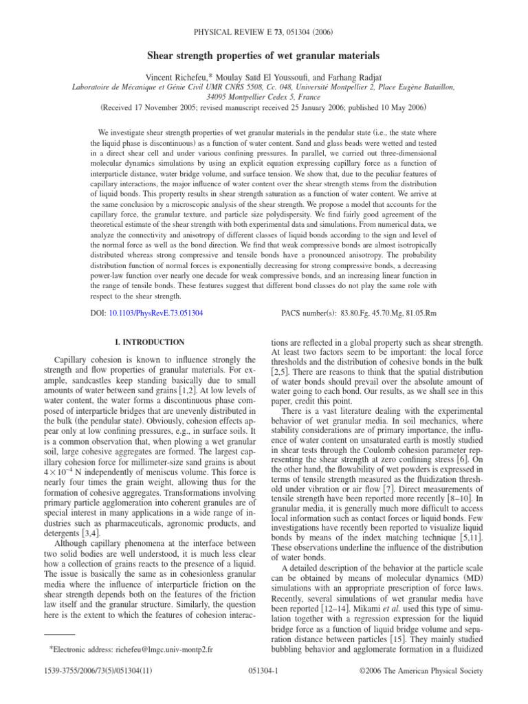 2003 - Shear strength properties of wet granular materials | PDF ...