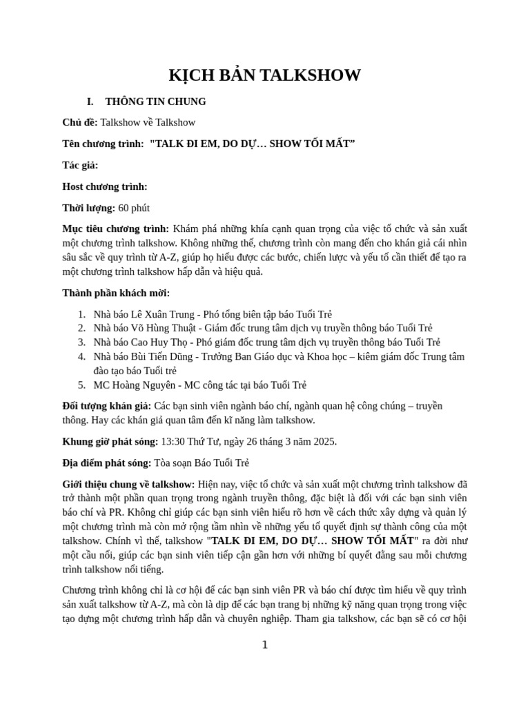 Kịch Bản Talkshow | PDF