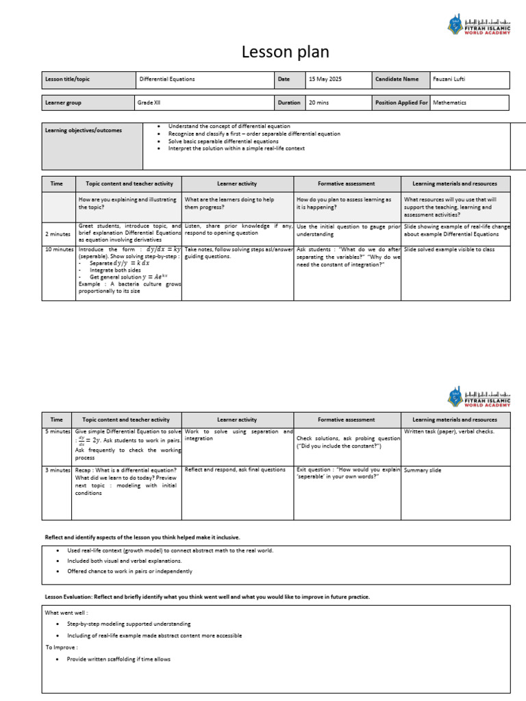Differential Equations Lesson Plans | PDF | Learning | Educational ...
