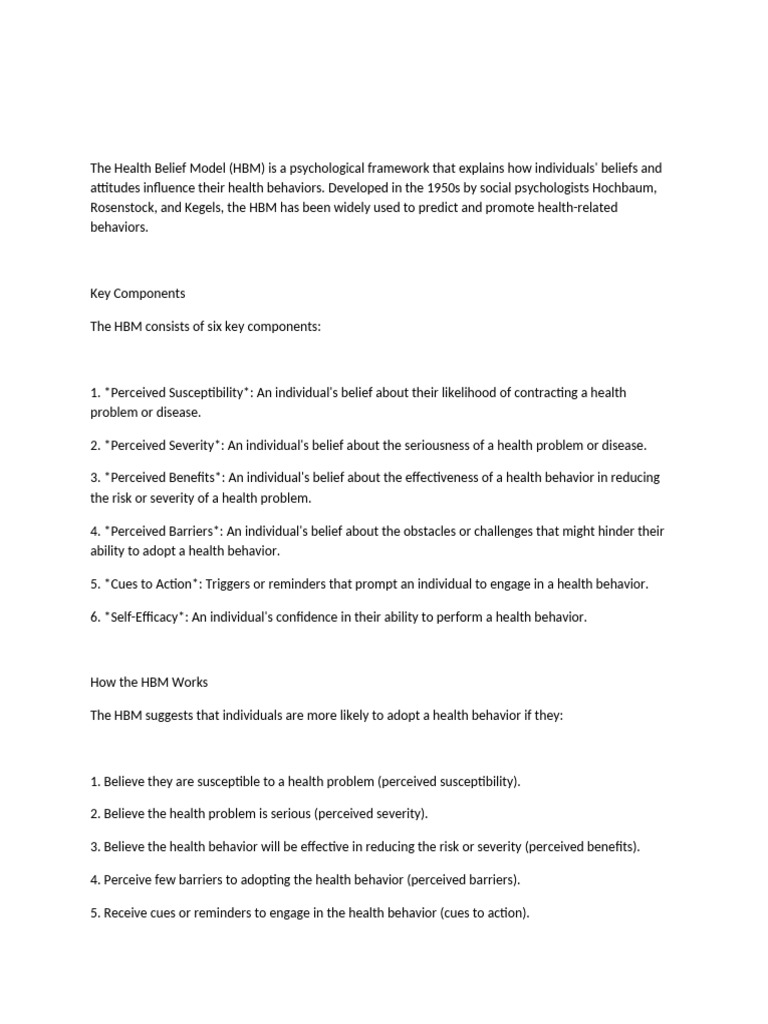 The Health Beliefs Model | PDF | Psychology | Health Care