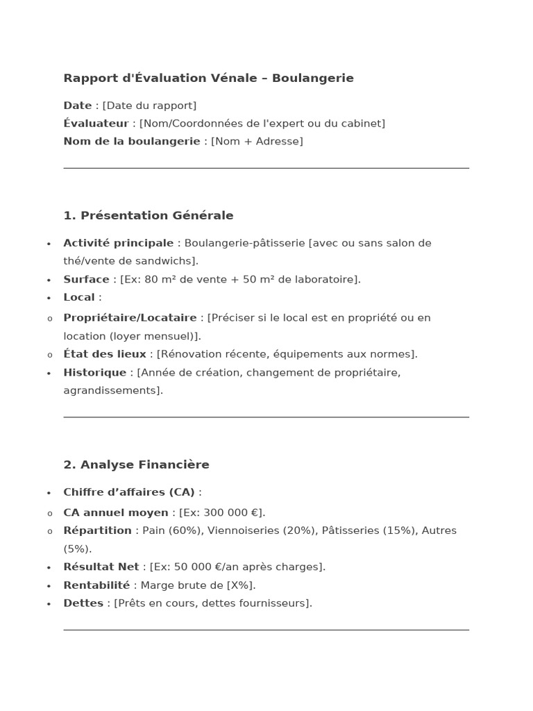 Évaluation Vénale Boulangerie | PDF | Analyse SWOT | Boulangerie