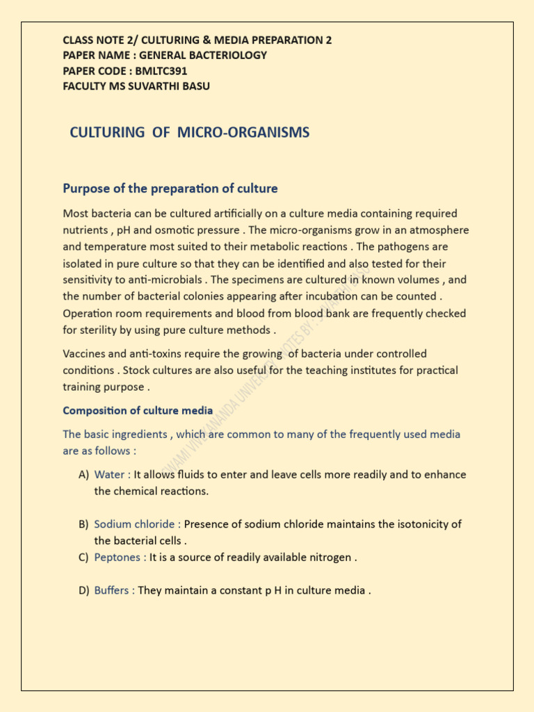 CLASS NOTE 2 CULTURING & MEDIA PREPARATION NOTE 1 3RD SEM BMLT (1) | PDF | Agar | Bacteria