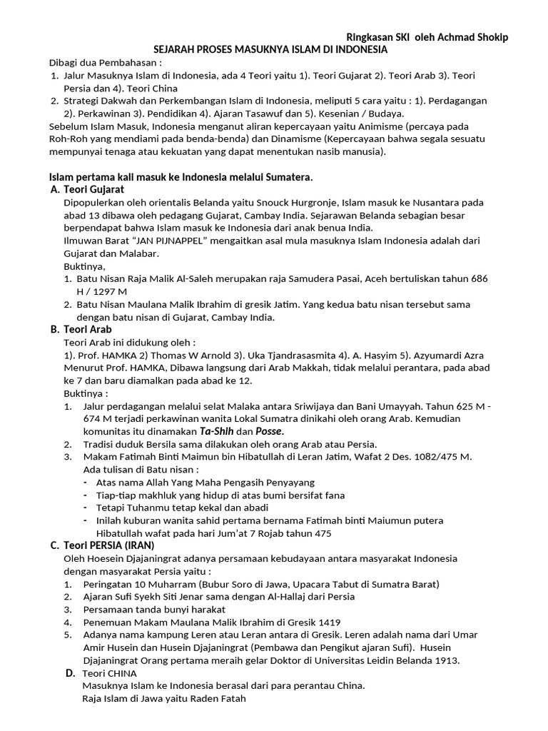 Proses Masuknya Islam Di Indonesia Ringkasan Ski Xii-Gasal | PDF