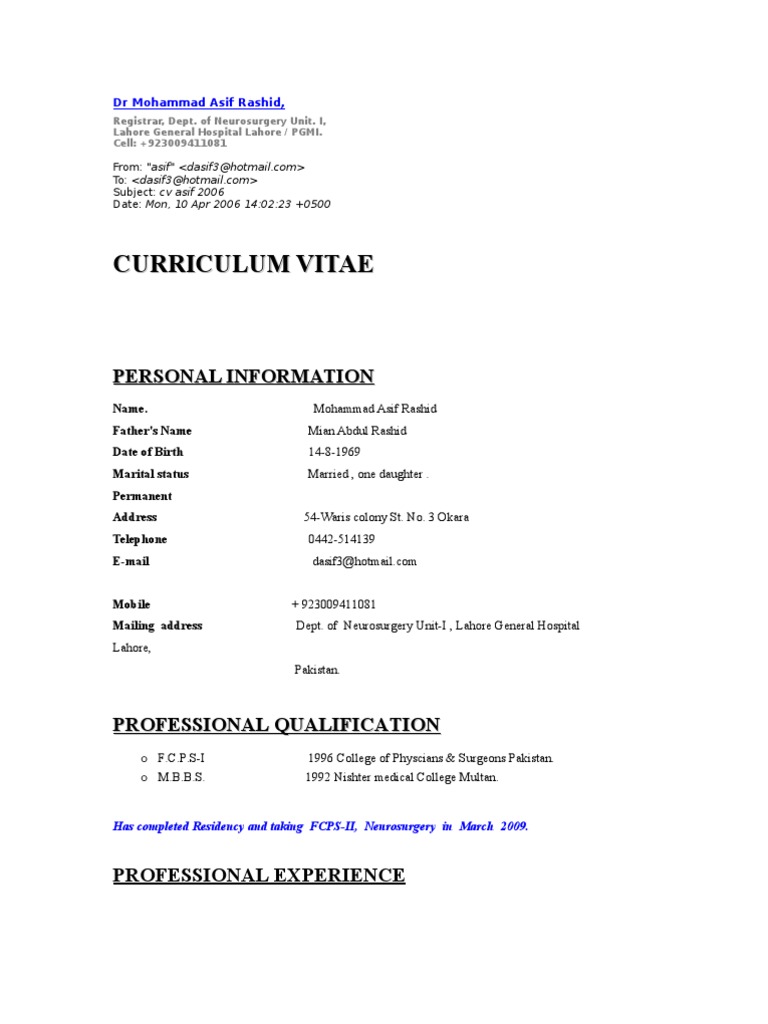 Neurosurgeon CV: Dr. Asif Rashid | PDF | Neurosurgery | Medical Specialties