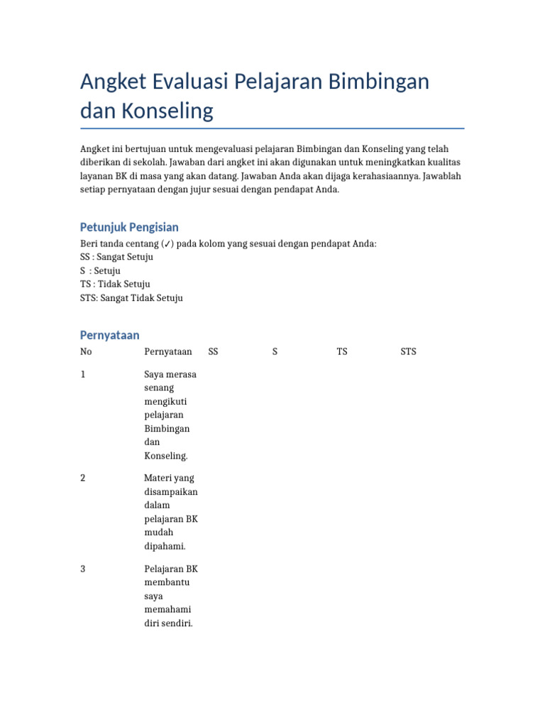 Angket Evaluasi Pelajaran BK | PDF
