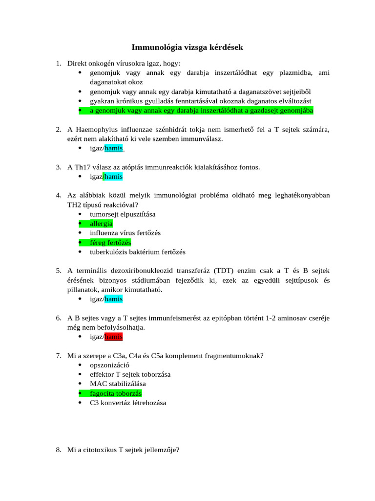 Immunológia Vizsga Kérdések msc | PDF