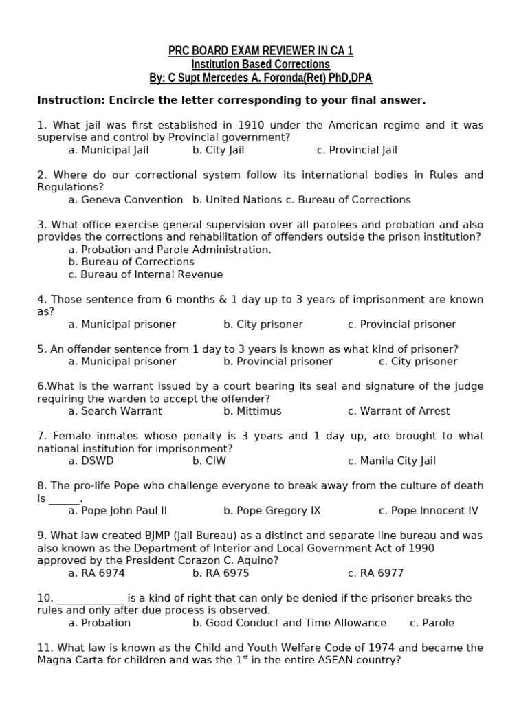2011 CA 1 - PRC Reviewer Questions | PDF | Prison | Parole