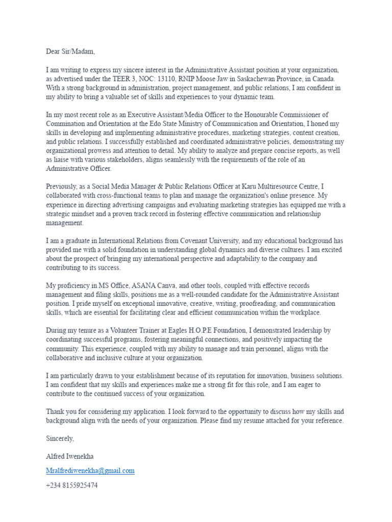Alfred Iwenekha Cover Letter RNIP | PDF | Marketing | Business
