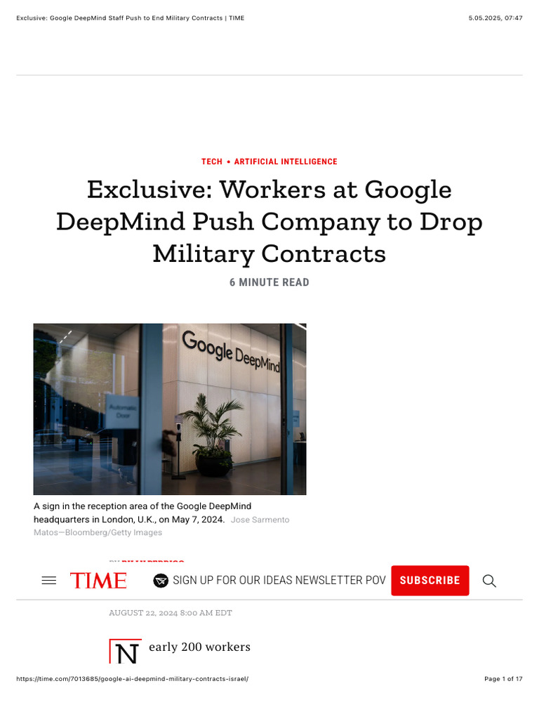 Exclusive - Google DeepMind Staff Push To End Military Contracts - TIME | PDF | Artificial ...