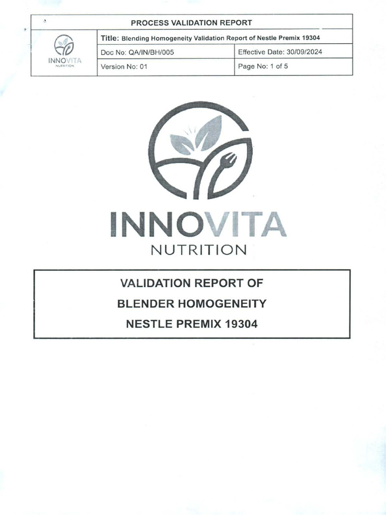 Blending Homogenity Validation Report of Nestle Premix 19304 | PDF