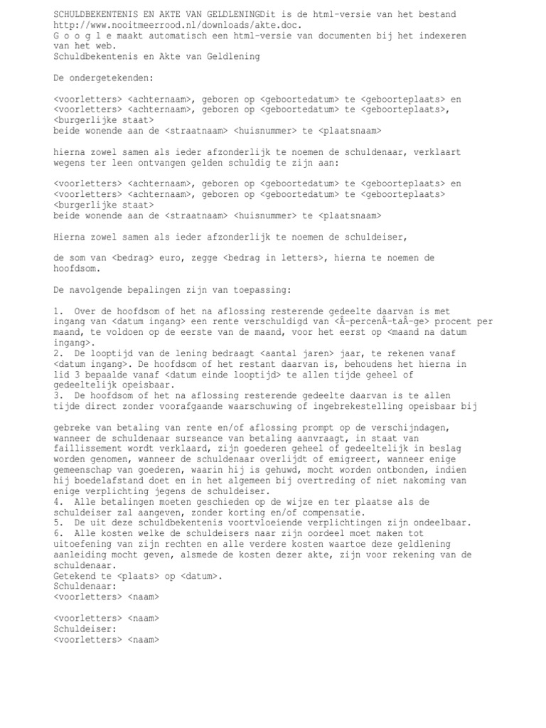 Schuldbekentenis en Akte Van Geldlening | PDF