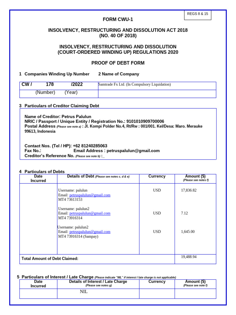 Proof of Debt Form - Jhon | PDF | Liquidation | Debt