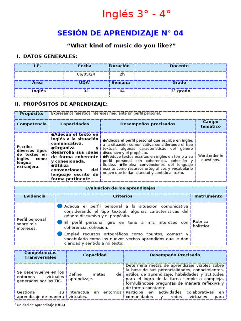 Sesión 4 - What Kind of Music Do You Like - Inglés 3ro y 4to | PDF