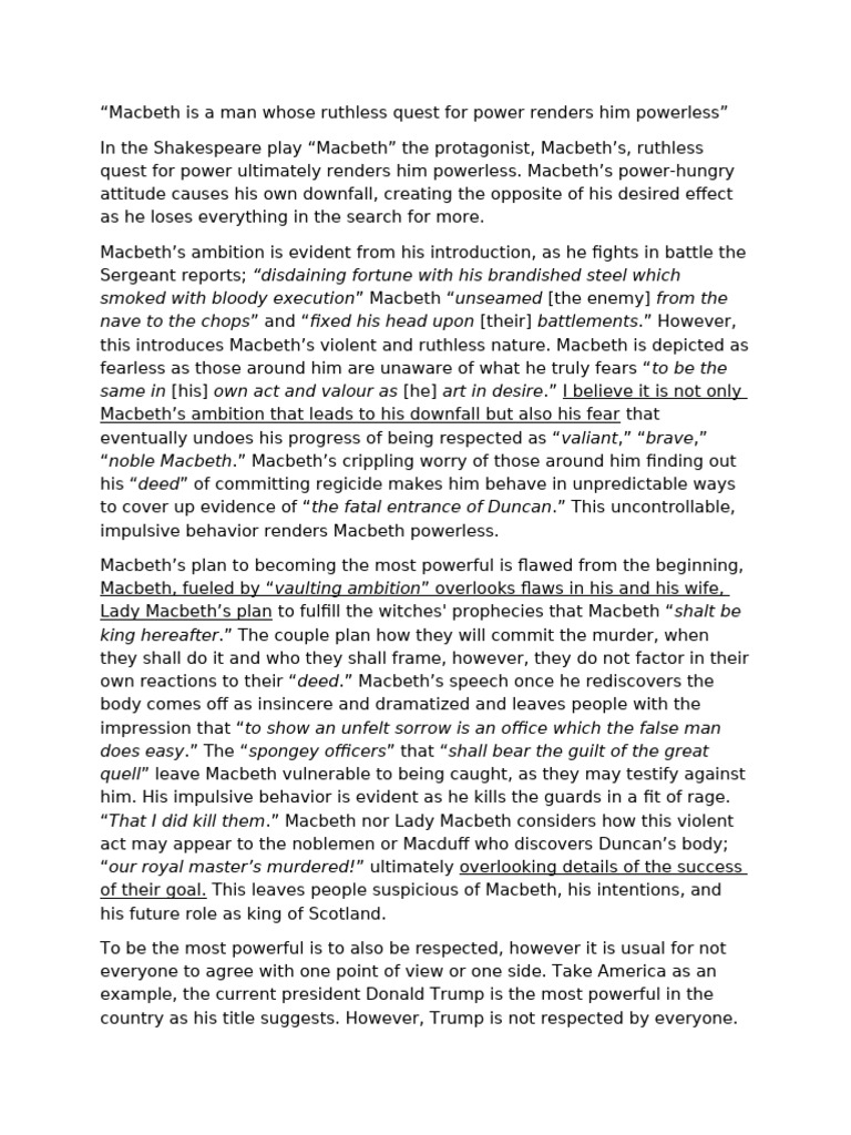 “Macbeth is a man whose ruthless quest for power renders him | PDF ...