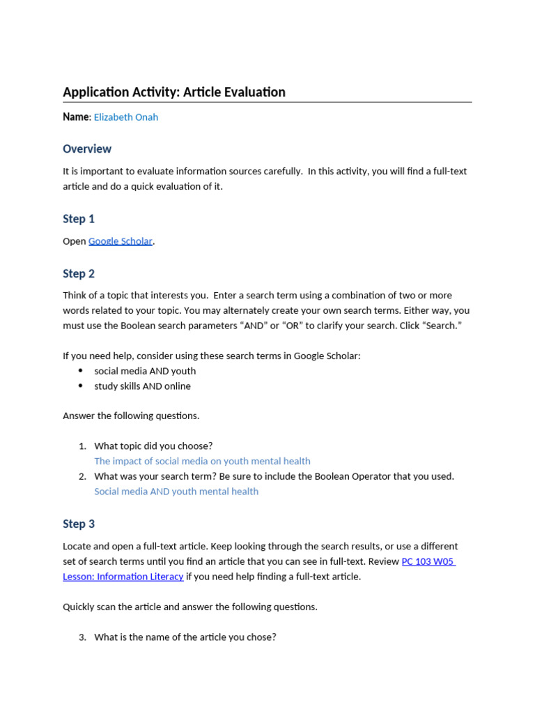 pc103 W05 Document-Applicationactivityarticleevaluation-Template | PDF ...