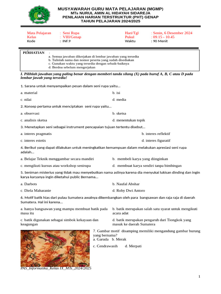 Soal Pat 2 8 Seni Budaya 2024 2025 | PDF