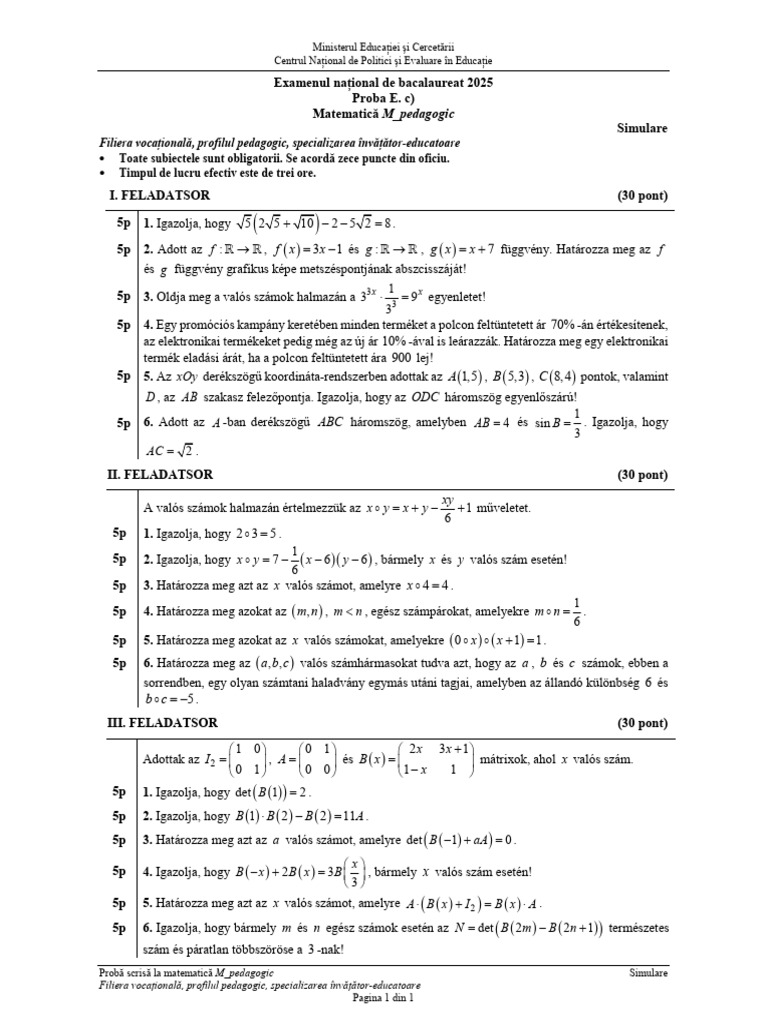 E C Matematica M Pedagogic 2025 Var Simulare LMA | PDF