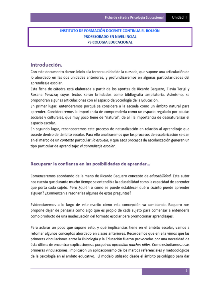Ficha de Catedra Sujeto y Aprendizaje-Ricardo Baquero 1 | PDF | Aprendizaje | Sicología