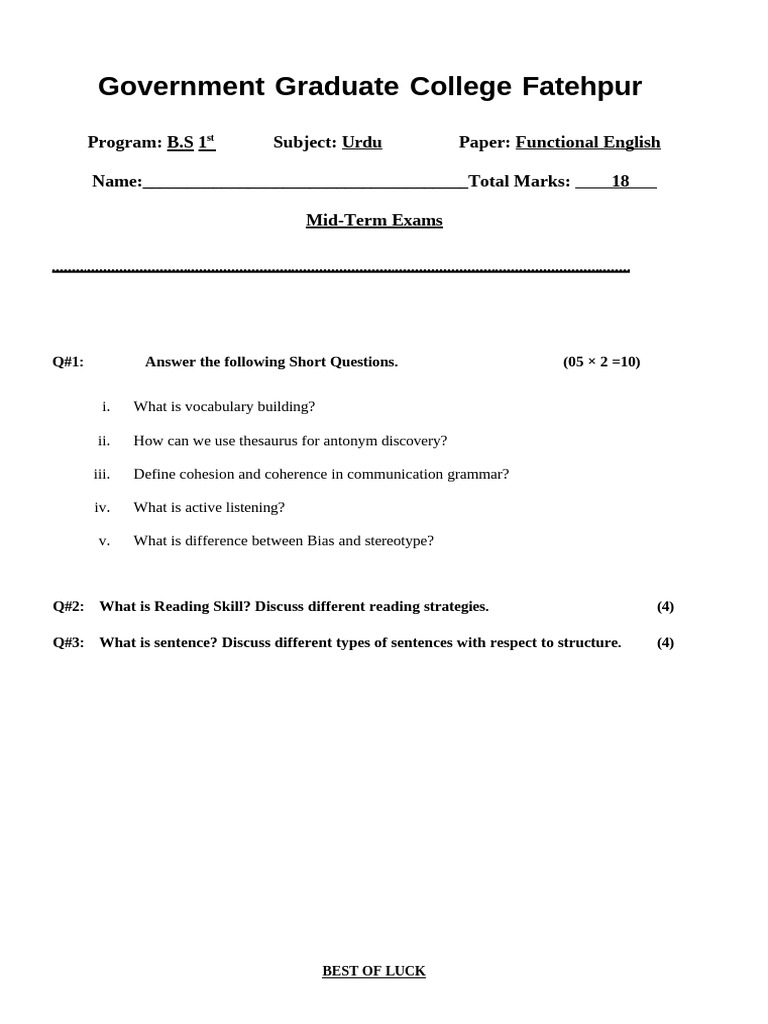 Functional English Mid-Term Exam Guide | PDF