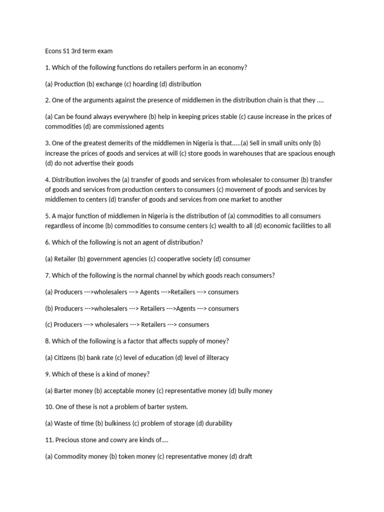 Economics SSS1 third term exam-WPS Office | PDF | Demand | Money