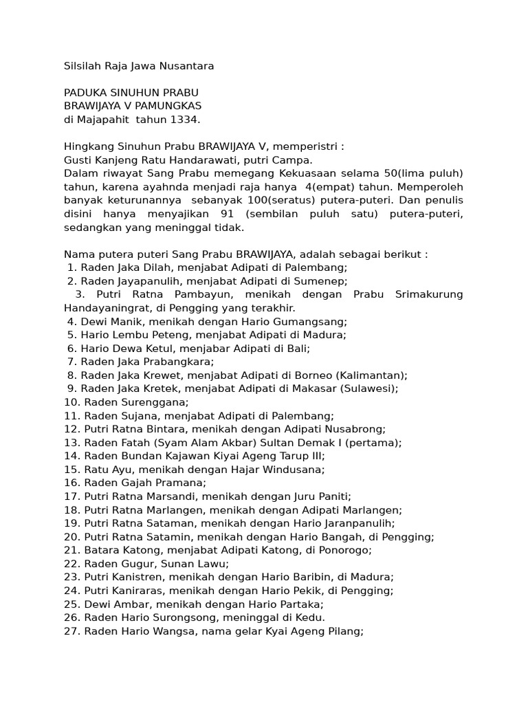 Silsilah Raja Jawa Nusantara Prabu Brawijaya Lengkap | PDF