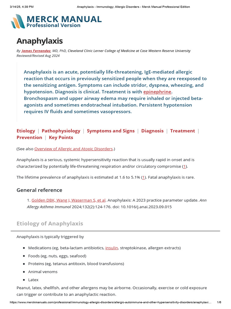 Anaphylaxis - Immunology; Allergic Disorders - Merck Manual ...