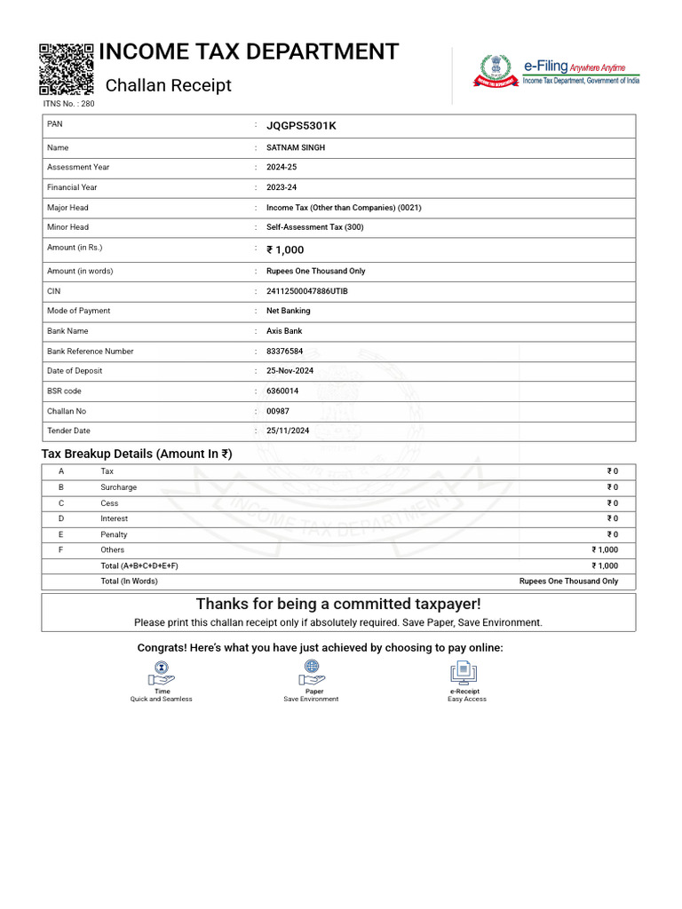 Axis Bank Challan Receipt 2024-25 | PDF | Taxes | Government Finances