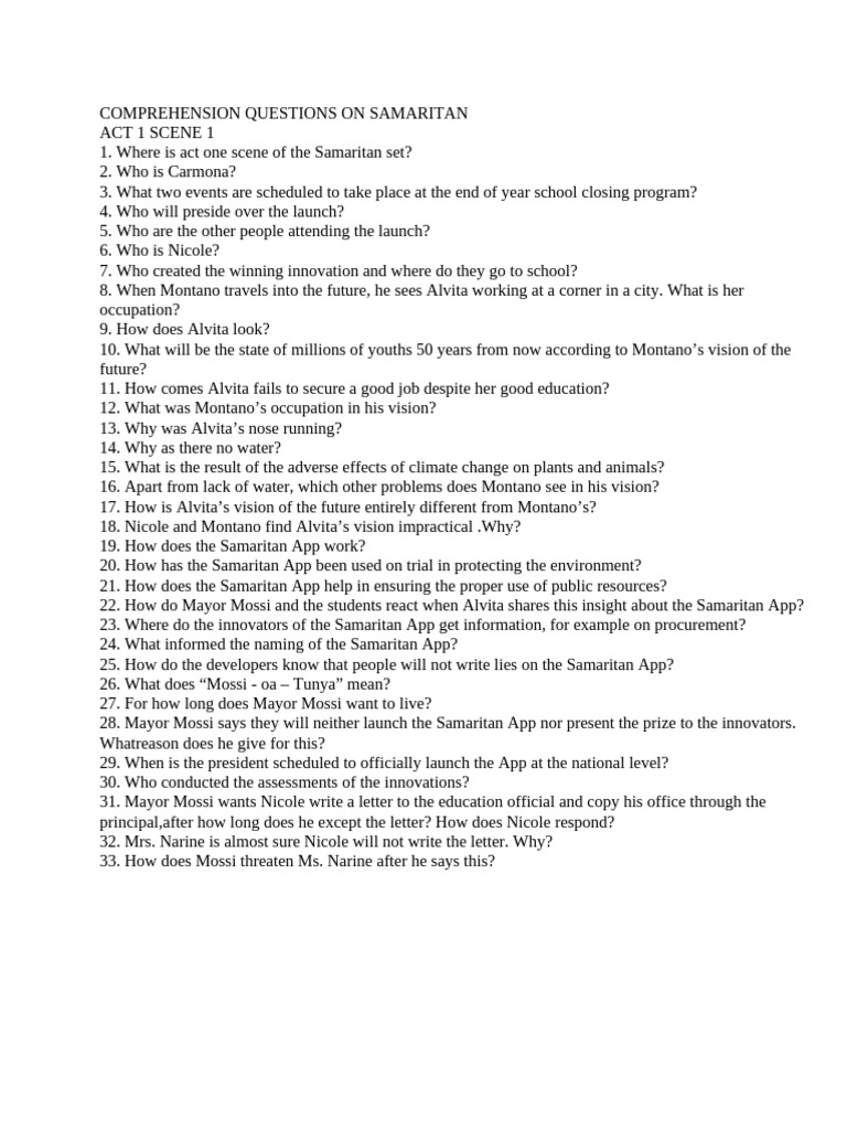 Samaritan Act 1 Scene Analysis Questions | PDF