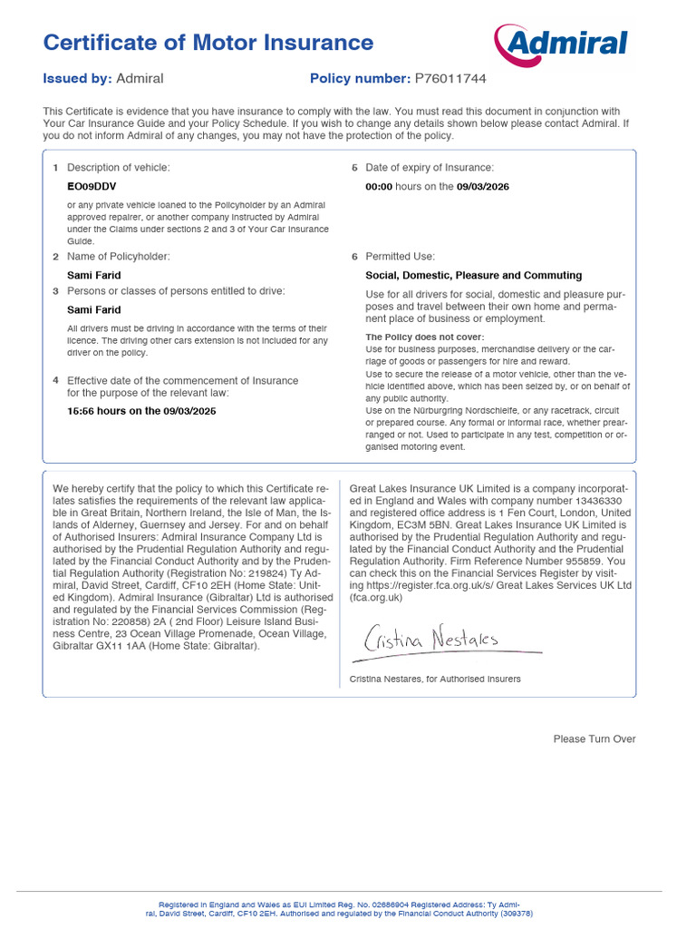 Certificate of Motor Insurance | PDF | Vehicle Insurance | Insurance