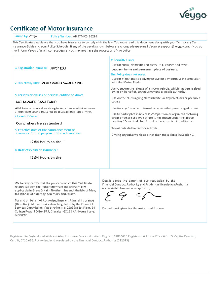 Certificate of Motor Insurance 2 | PDF | Vehicle Insurance | Vehicles