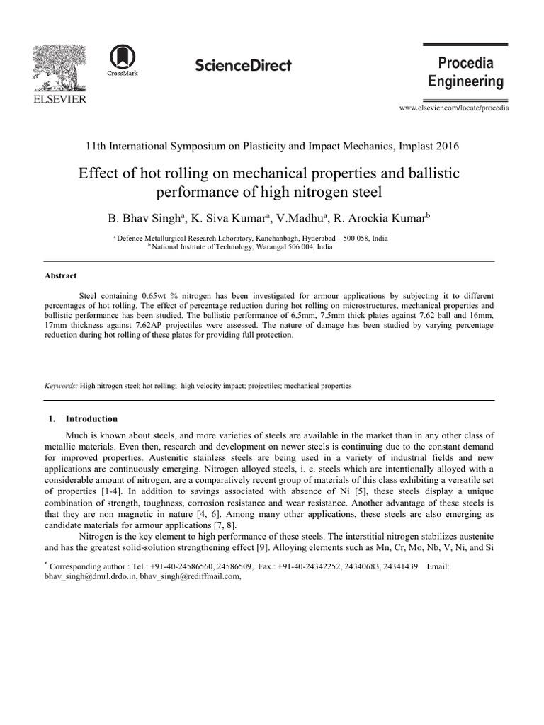 Effect of Hot Rolling On Mechanical Properties and Ballistic ...