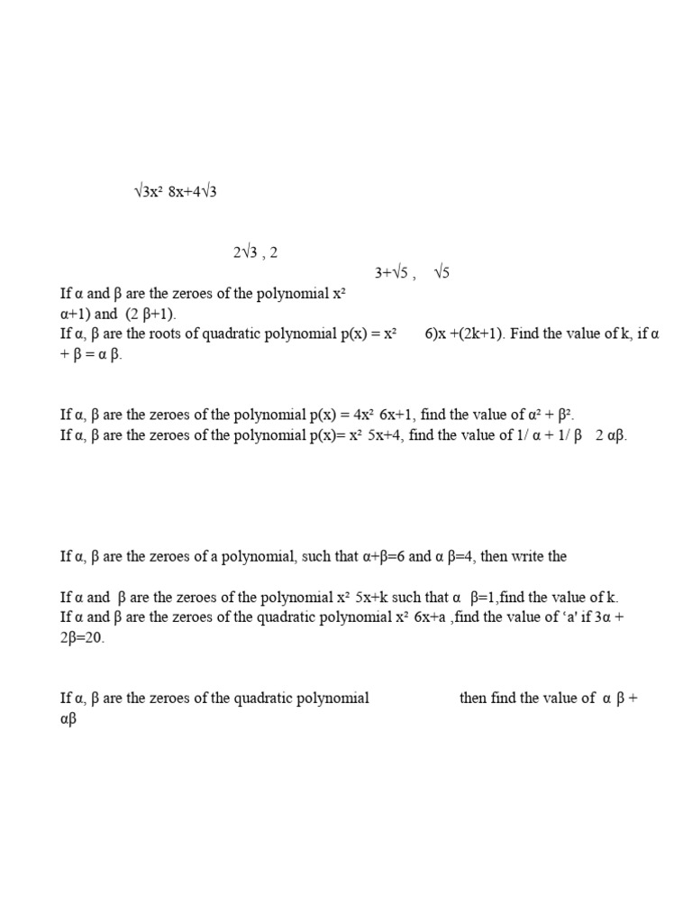 Worksheet of Chapter Polynomials Class X | PDF | Polynomial | Zero Of A Function