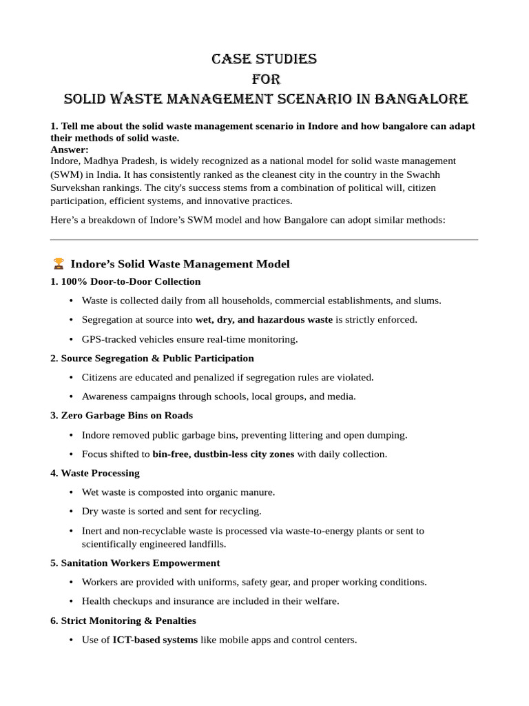 CASE STUDIES FOR SOLID WASTE MANAGEMENT SCENARIO IN BANGALORE PPT ...