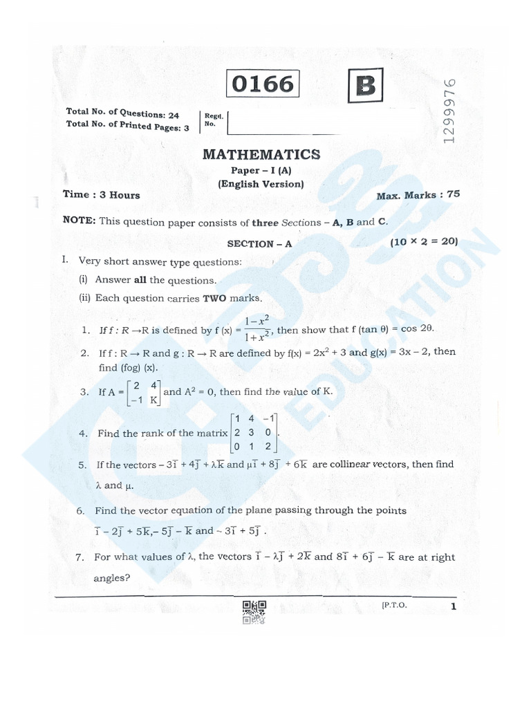 TG JR Inter Maths 1A EM | PDF